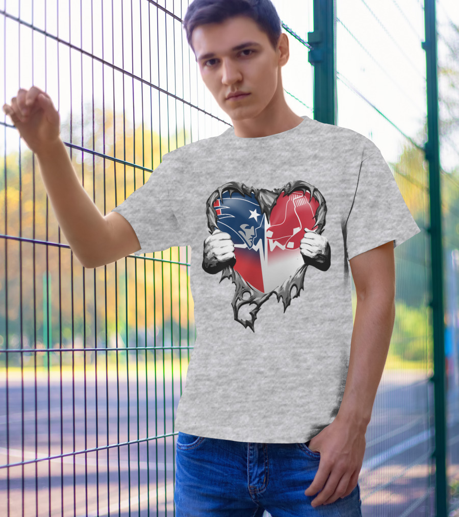 Patriots And Red Sox Heart Design With Torn Metal Effect T-Shirt