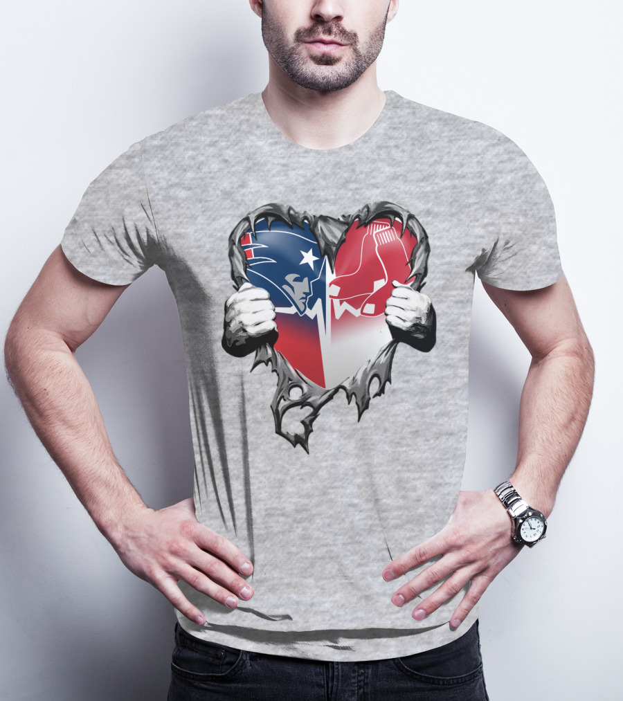 Patriots And Red Sox Heart Design With Torn Metal Effect T-Shirt