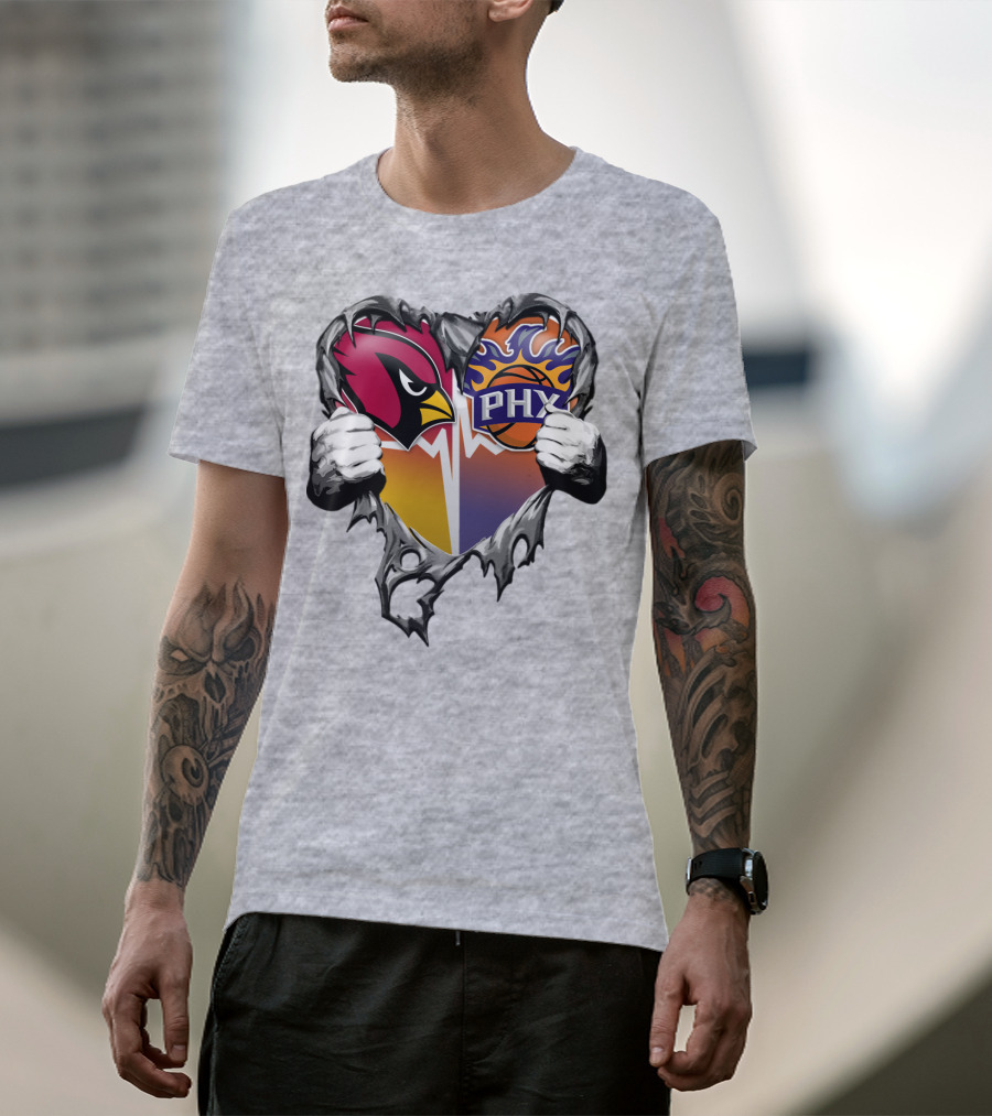Arizona Cardinals And Phoenix Suns Heart Symbol With Torn Metal Effect T-Shirt