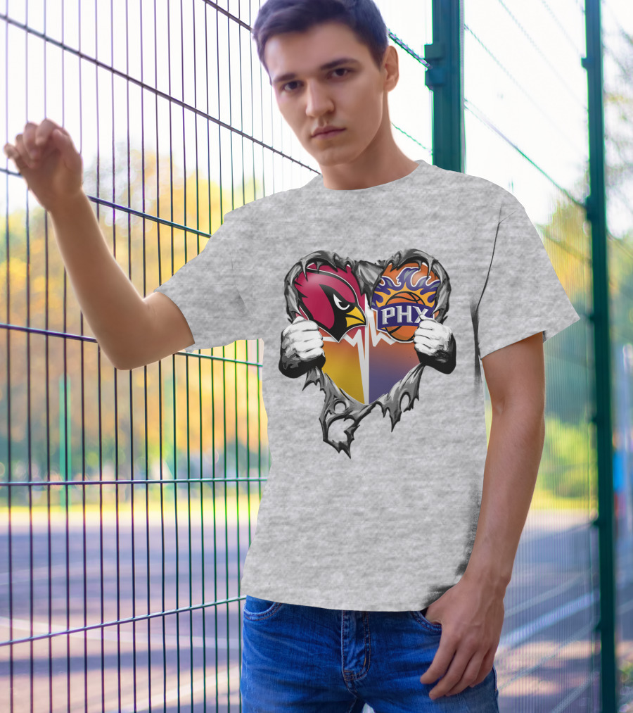 Arizona Cardinals And Phoenix Suns Heart Symbol With Torn Metal Effect T-Shirt