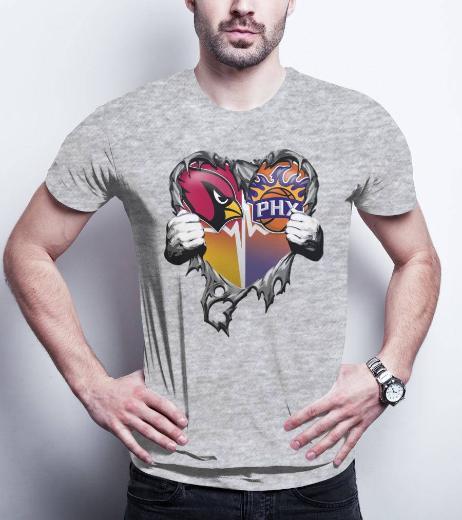 Arizona Cardinals And Phoenix Suns Heart Symbol With Torn Metal Effect T-Shirt