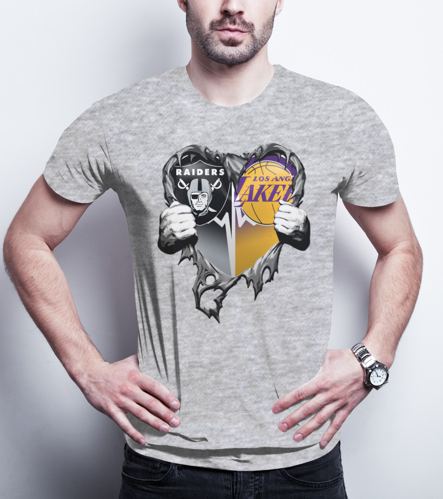 Raiders Los Angeles Lakers Heart Logo Tear T-Shirt