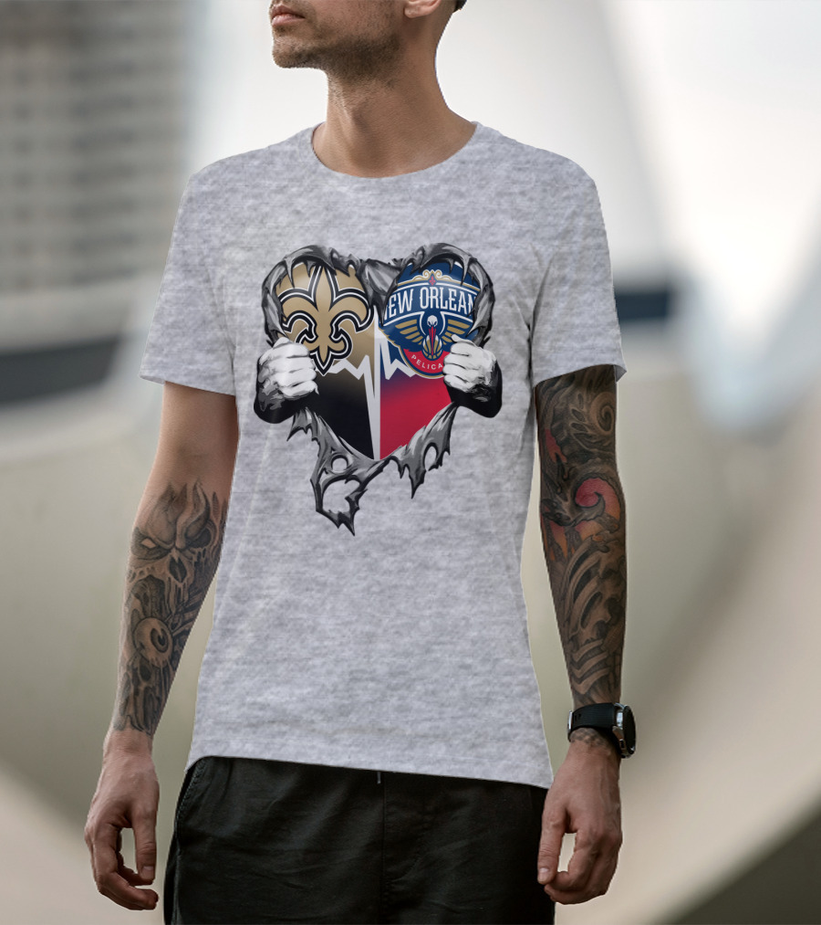 New Orleans Saints Pelicans Heart Tear T-Shirt