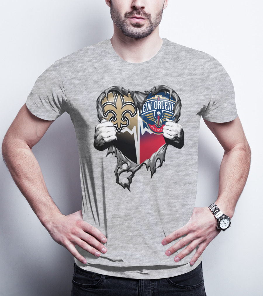 New Orleans Saints Pelicans Heart Tear T-Shirt