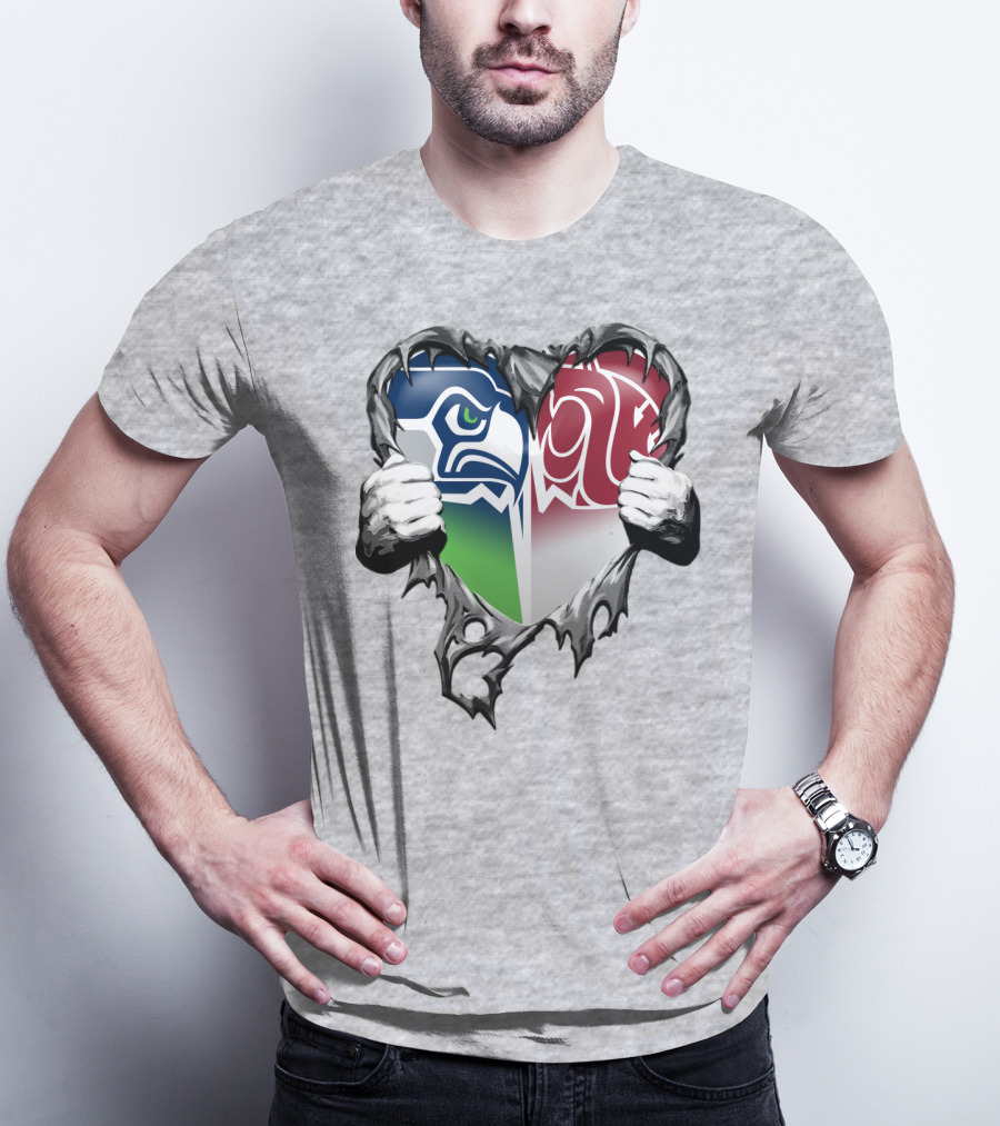 Seattle Seahawks And Washington State Cougars Split Heart T-Shirt