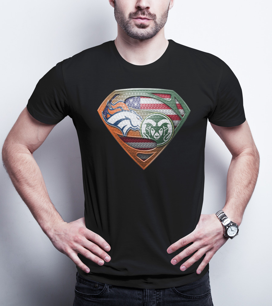 Denver Broncos And Colorado State Rams Superman Shield American Flag Montage T-Shirt