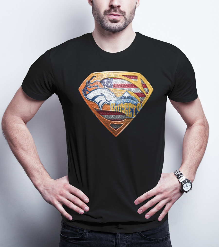 Denver Broncos Nuggets American Flag Superman Shield T-Shirt
