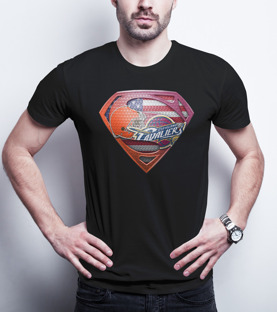 Cleveland Cavaliers And Browns Superman Shield With American Flag T-Shirt