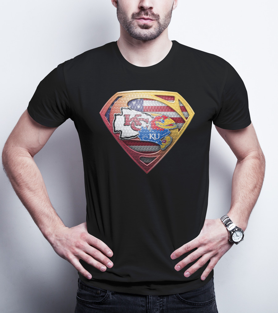 Superman Kansas City Chiefs Ku Jayhawks Usa Flag T-Shirt