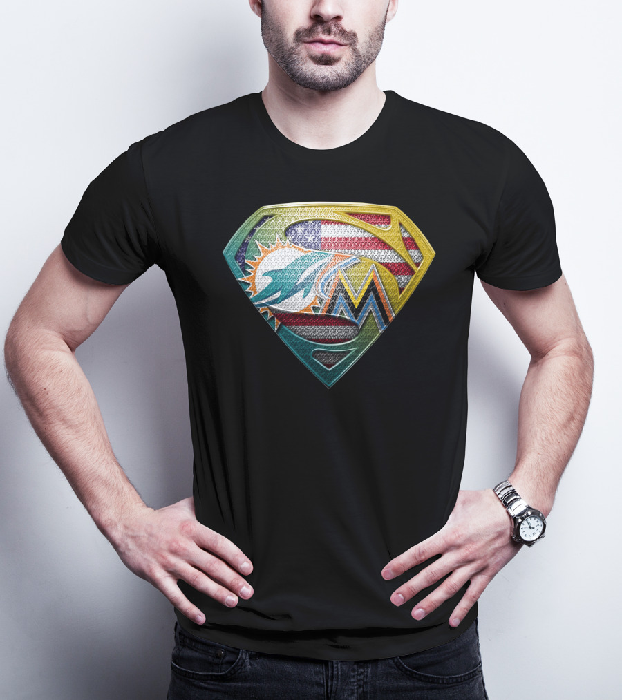Miami Dolphins Marlins American Flag Superman T-Shirt