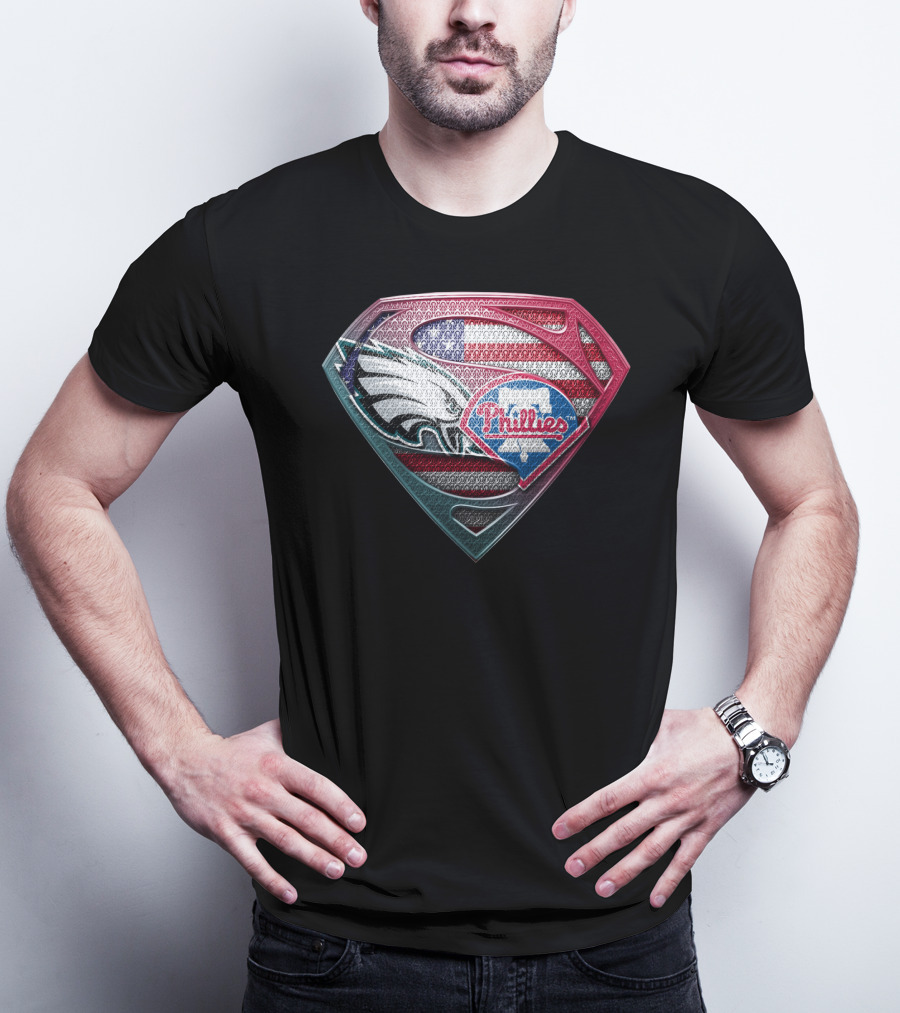 Eagles Phillies Superman Logo American Flag T-Shirt