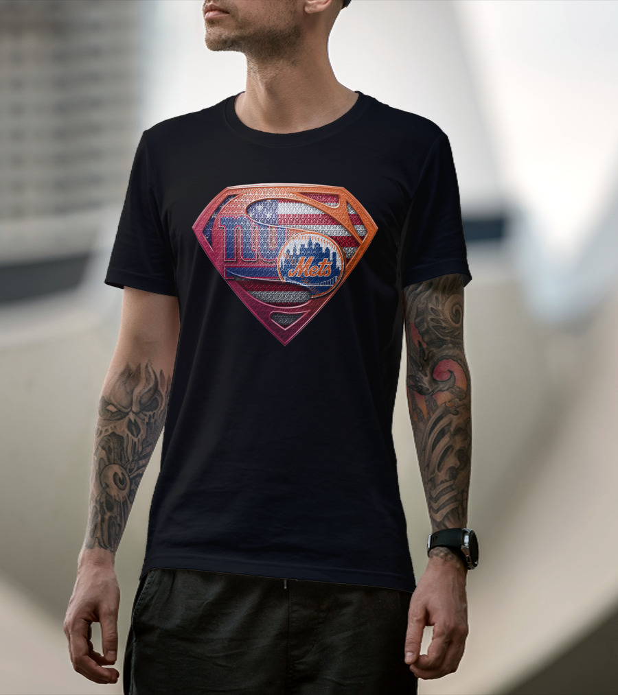 New York Giants Mets Superman Logo American Flag T-Shirt