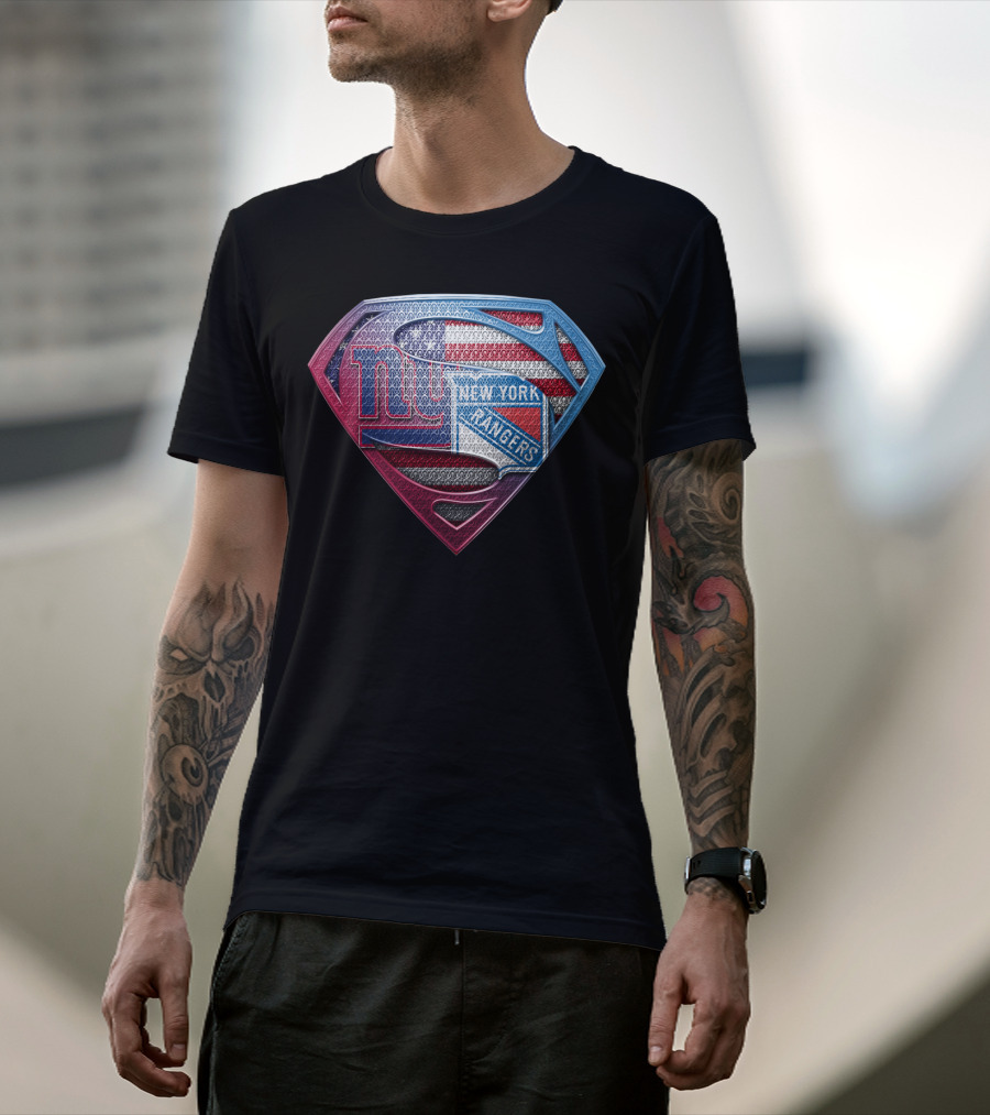Ny Giants New York Rangers American Flag Superman Shield T-Shirt