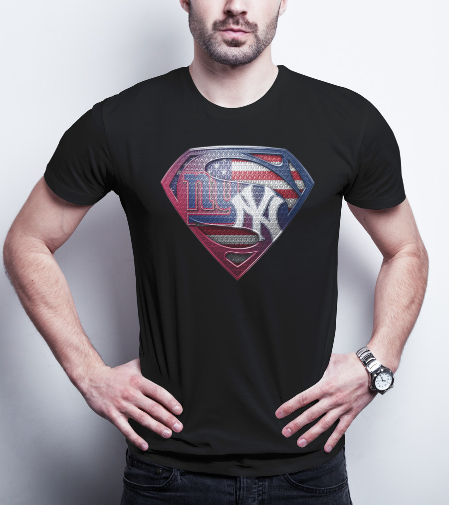 New York Giants Yankees American Flag Superman Logo Fusion T-Shirt