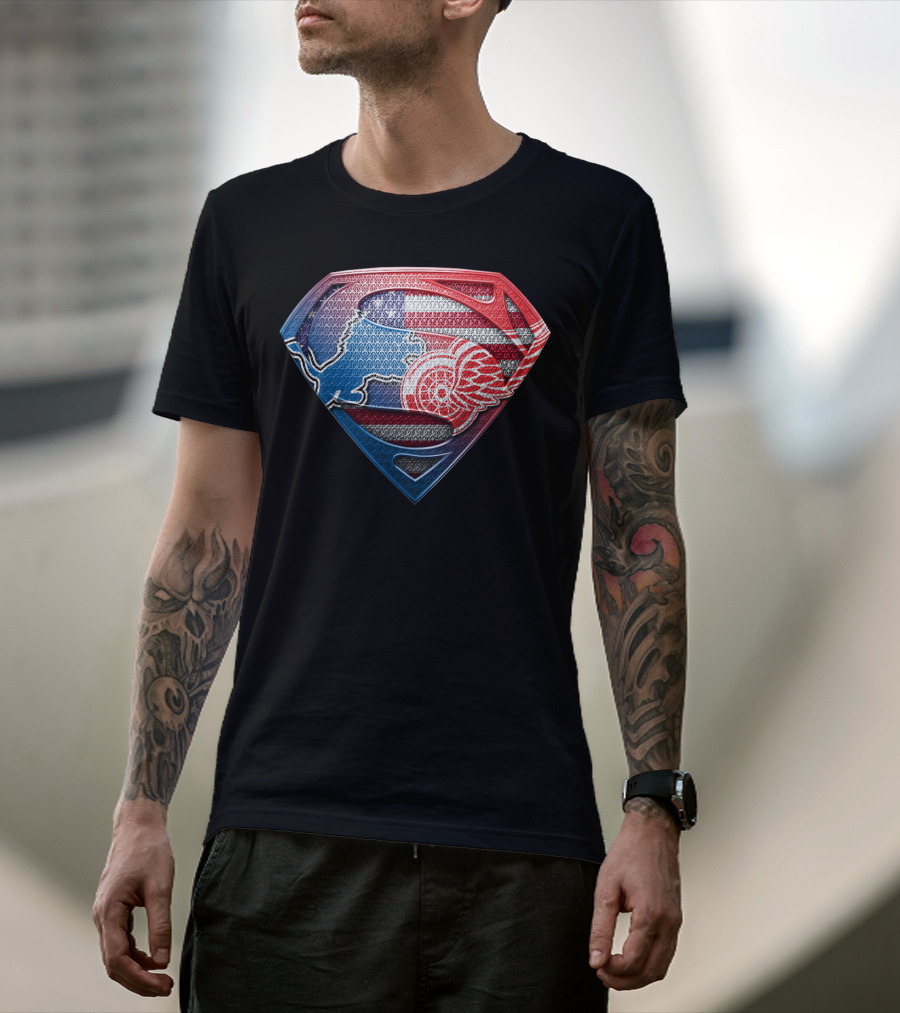 Superman Detroit Lions And Red Wings American Flag T-Shirt