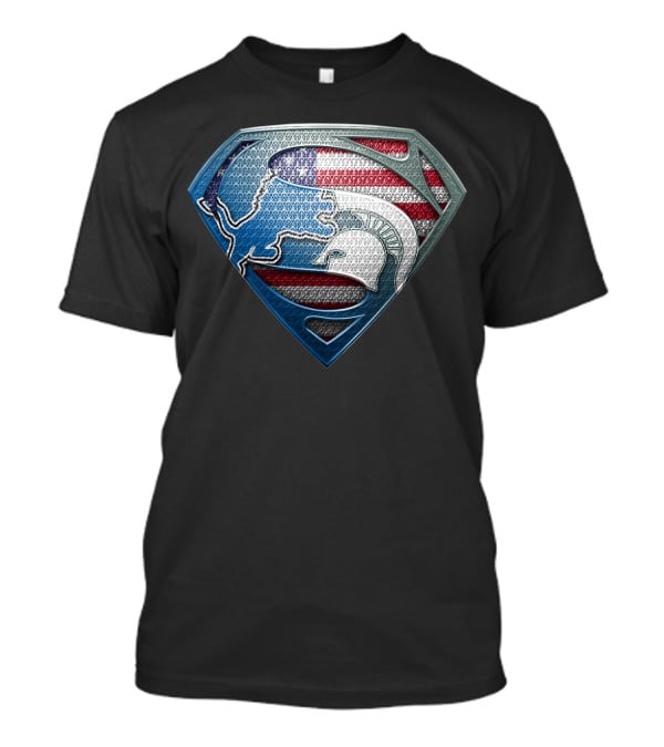 Detroit Lions And Michigan State Spartans American Flag Superman T-Shirt