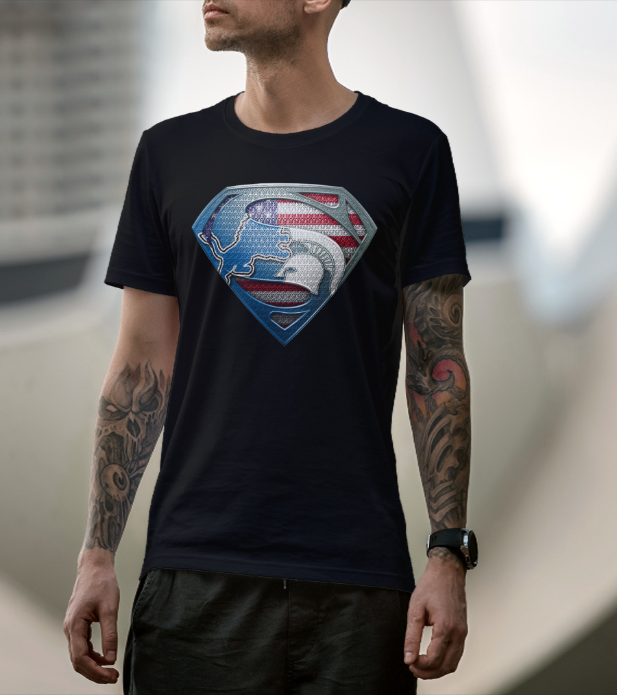 Detroit Lions And Michigan State Spartans American Flag Superman T-Shirt