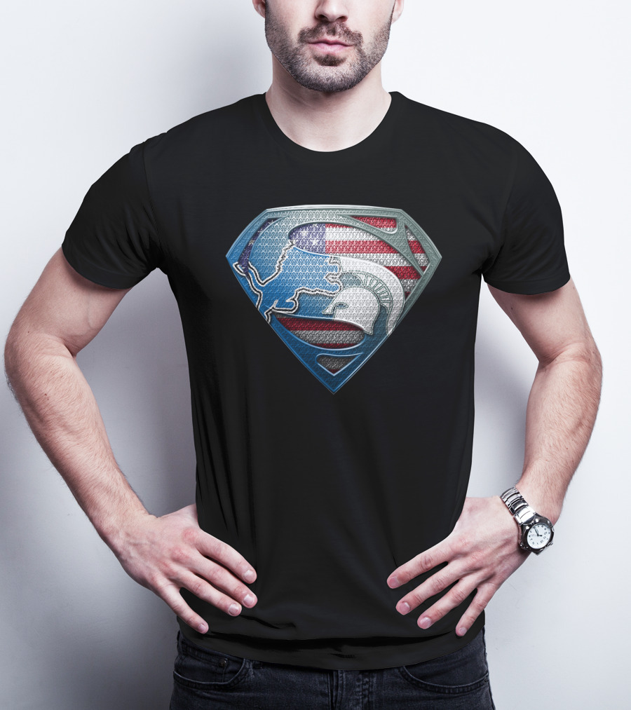 Detroit Lions And Michigan State Spartans American Flag Superman T-Shirt