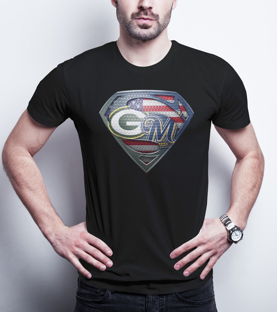 Packers Brewers Superman Shield American Flag T-Shirt