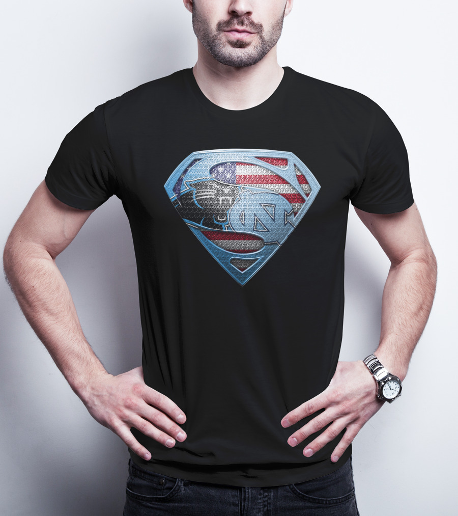 North Carolina Tar Heels And Carolina Panthers Superman Shield With American Flag T-Shirt