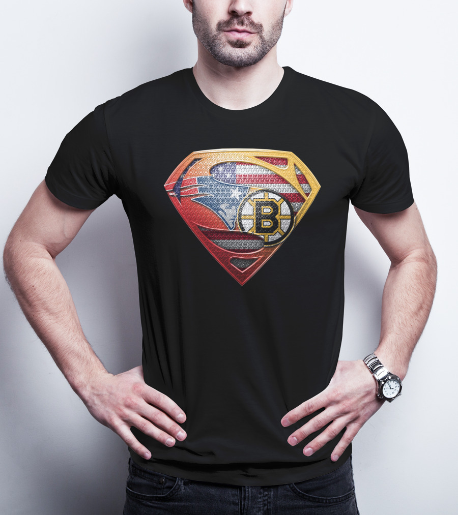 Superman Shield American Flag Boston Bruins New England Patriots T-Shirt