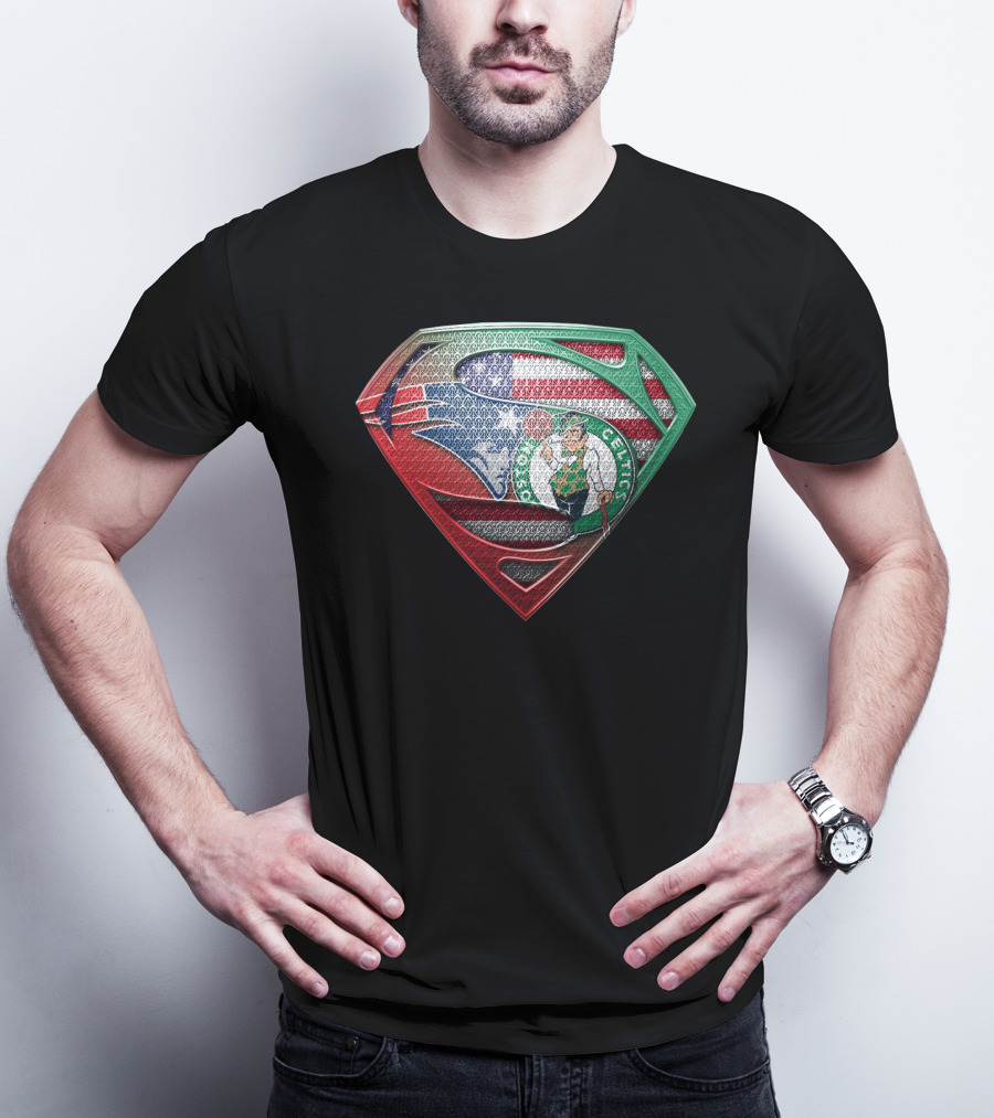 Superman Shield With Boston Celtics Logo And American Flag T-Shirt