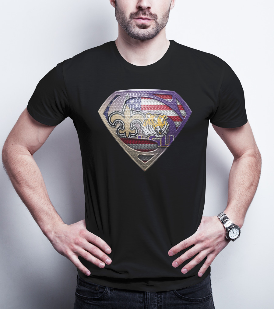 Superman Shield Saints Lsu Tigers American Flag T-Shirt