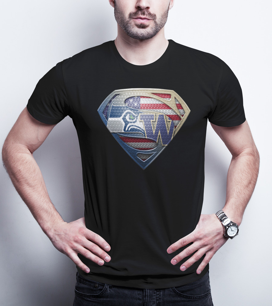 Seattle Seahawks Superman Logo With American Flag And Washington Huskies W T-Shirt