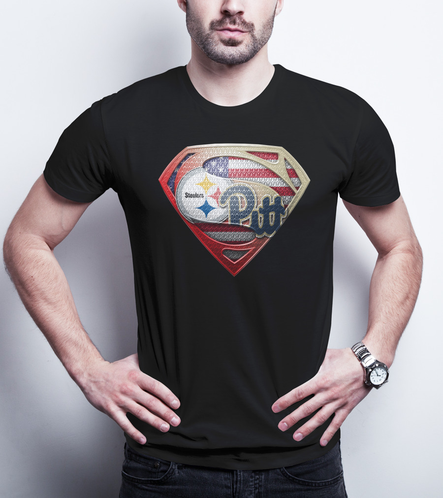 Steelers Pitt Superman Shield American Flag T-Shirt