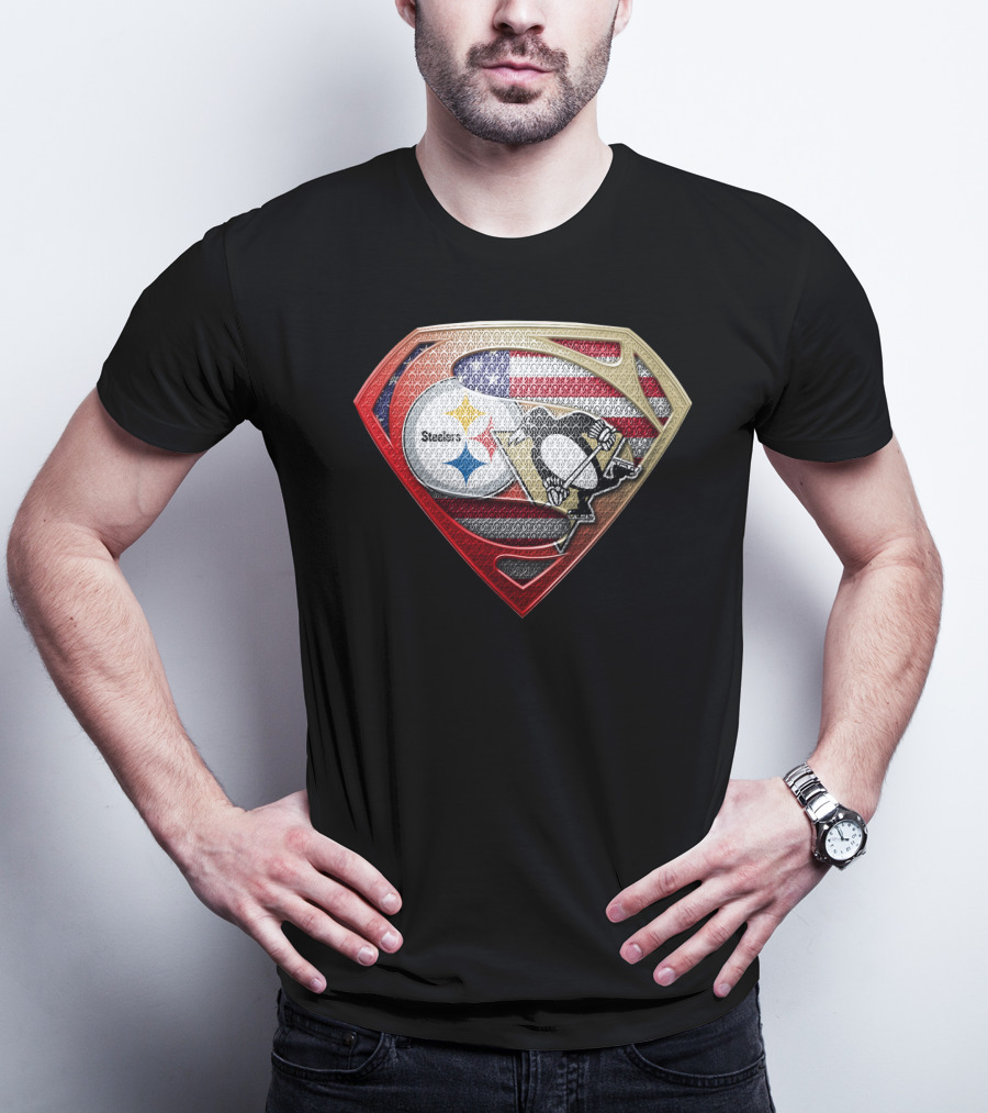 Steelers Penguins American Flag Superman Shield T-Shirt