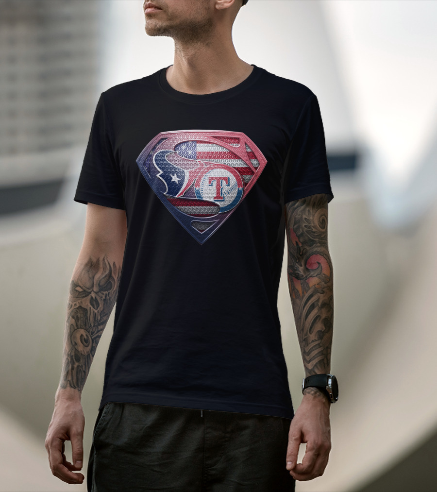 Houston Texans Texas Rangers Superman Logo Usa Flag T-Shirt