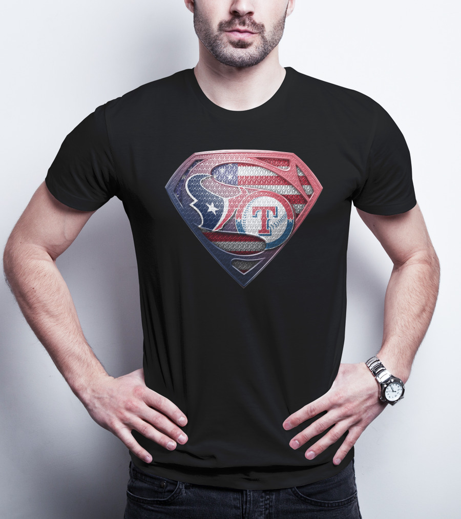 Houston Texans Texas Rangers Superman Logo Usa Flag T-Shirt