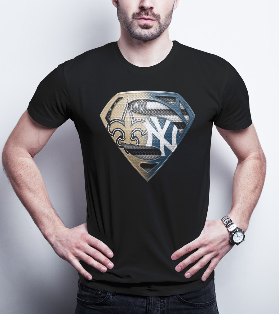 Superman Shield New York Yankees New Orleans Saints Logo Combination T-Shirt