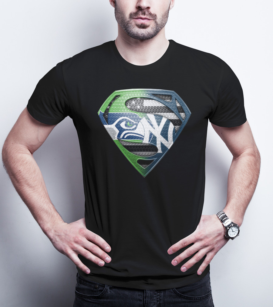 Seattle Seahawks New York Yankees Superman Shield Logo Mashup T-Shirt
