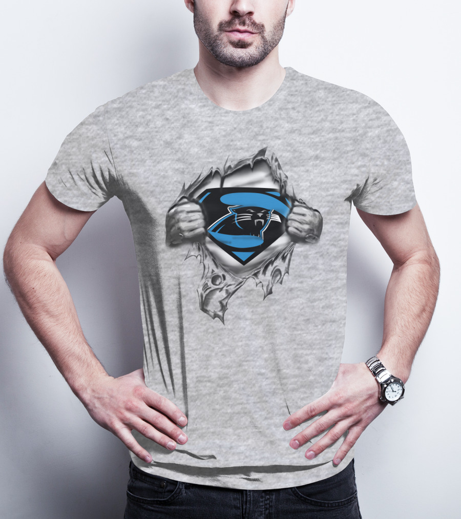 Superman Carolina Panthers Logo Crossover Busting Through T-Shirt