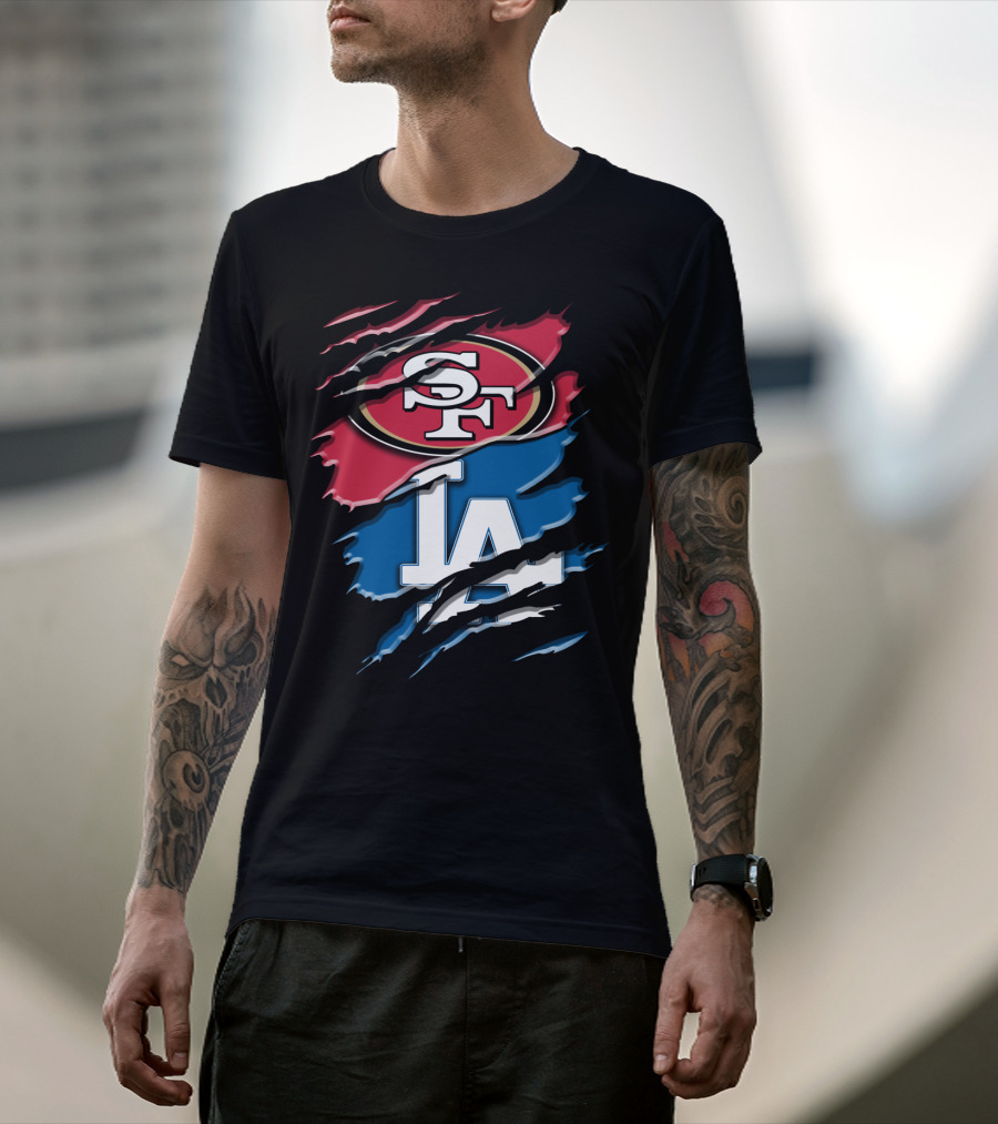 San Francisco 49ers And Los Angeles Dodgers Logo Fusion Rac T-Shirt