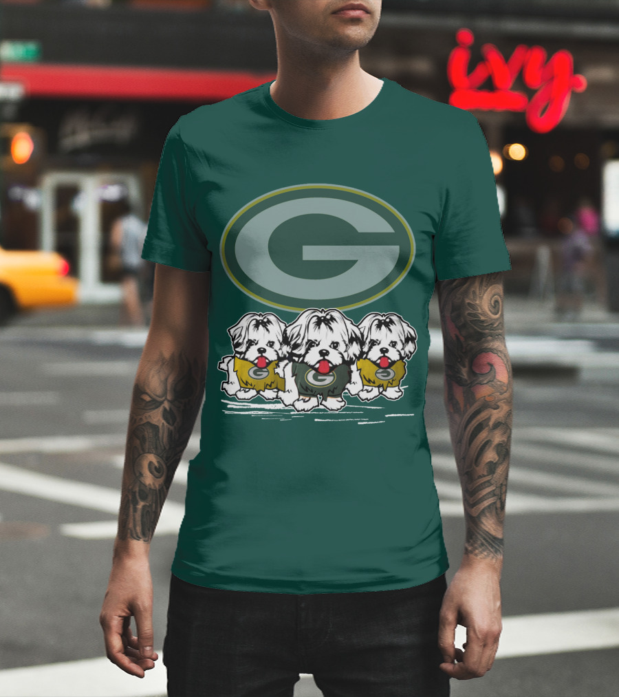 Green Bay Packers Logo With Three Dogs In Jerseys T-Shirt