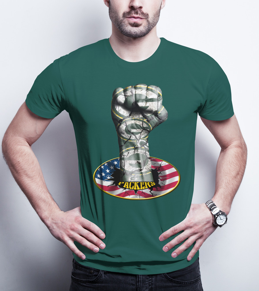 Fist With Green Bay Packers Logo On Cracked American Flag T-Shirt