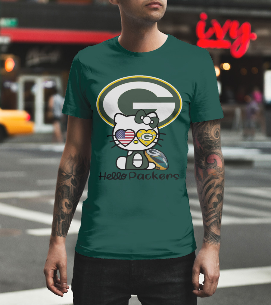 Hello Packers Green Bay Packers Football Fan Art Featuring Kitty With American Flag Heart T-Shirt