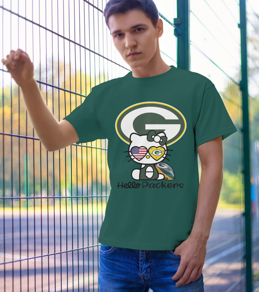 Hello Packers Green Bay Packers Football Fan Art Featuring Kitty With American Flag Heart T-Shirt