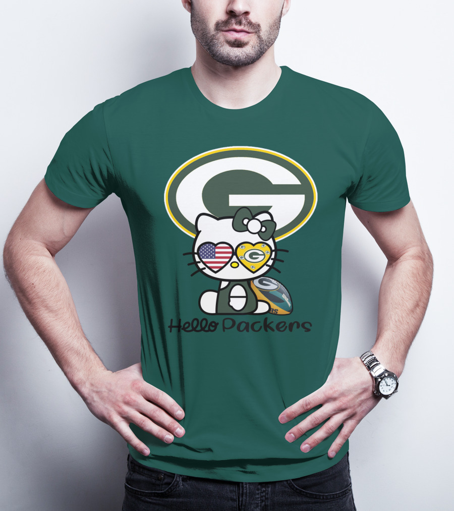 Hello Packers Green Bay Packers Football Fan Art Featuring Kitty With American Flag Heart T-Shirt