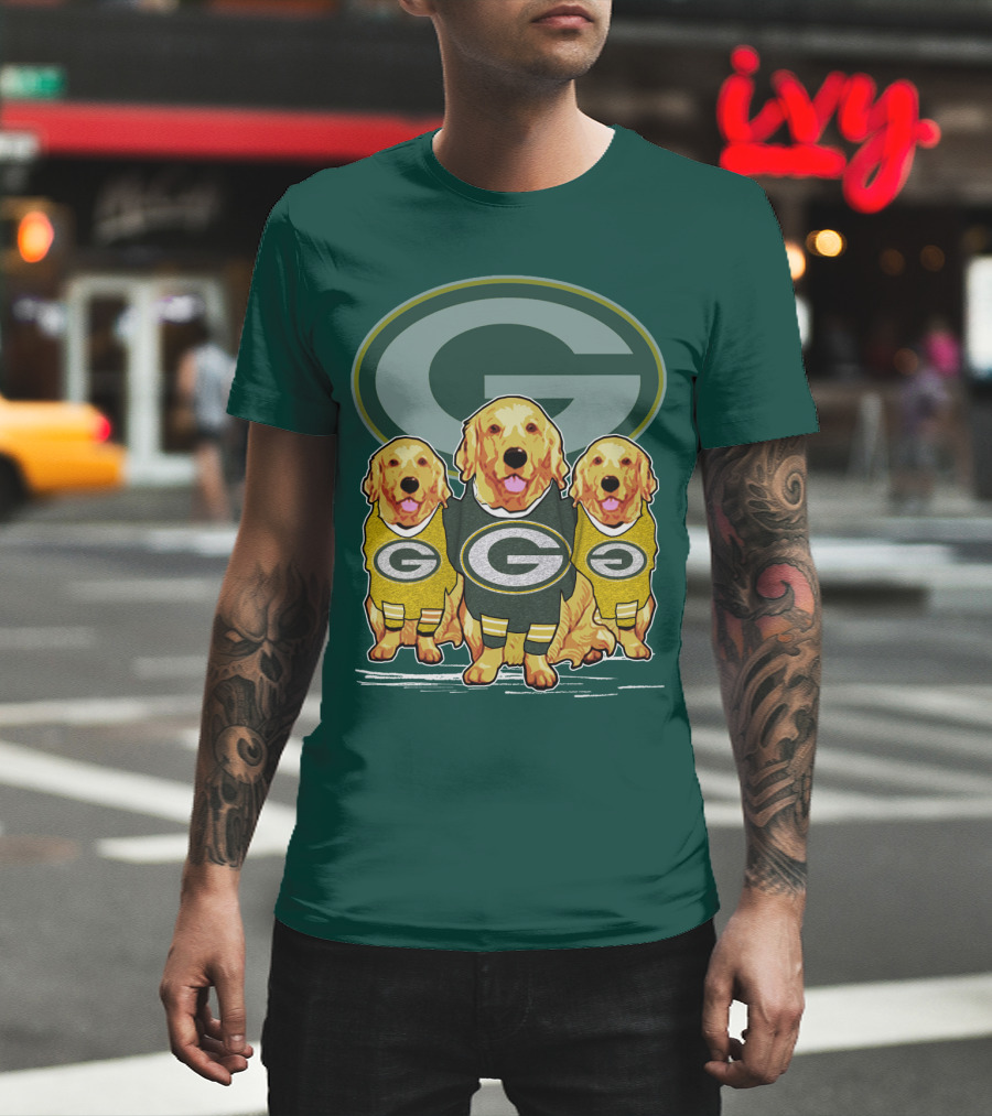 Green Bay Packers Golden Retrievers Sporting Green And Gold Attire T-Shirt