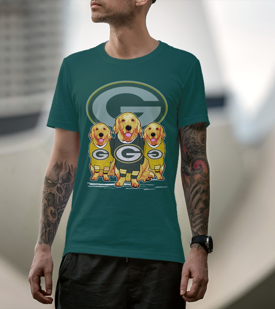 Green Bay Packers Golden Retrievers Sporting Green And Gold Attire T-Shirt