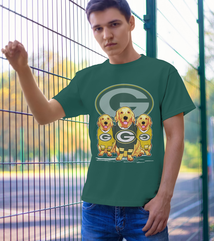 Green Bay Packers Golden Retrievers Sporting Green And Gold Attire T-Shirt
