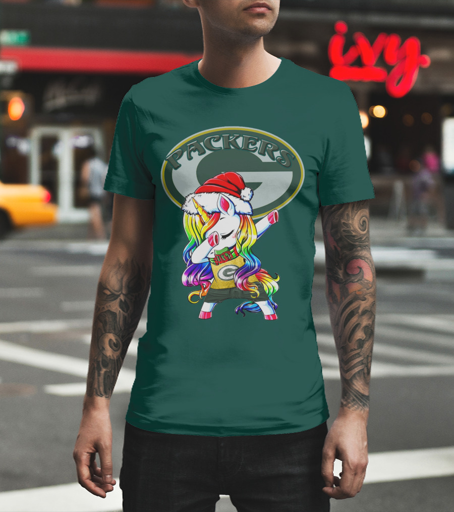Packers Unicorn Dabbing Santa Hat Green Gold T-Shirt