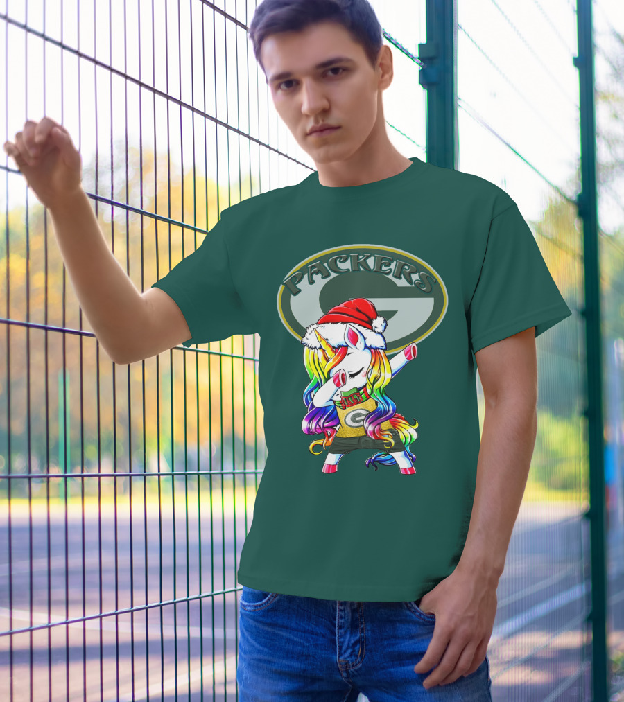 Packers Unicorn Dabbing Santa Hat Green Gold T-Shirt
