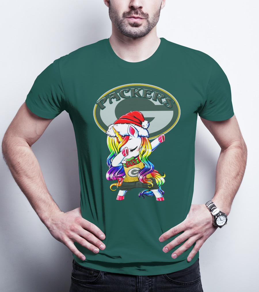 Packers Unicorn Dabbing Santa Hat Green Gold T-Shirt