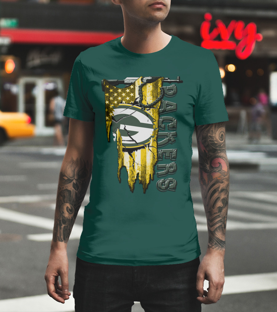 Green Bay Packers American Flag Cracked T-Shirt