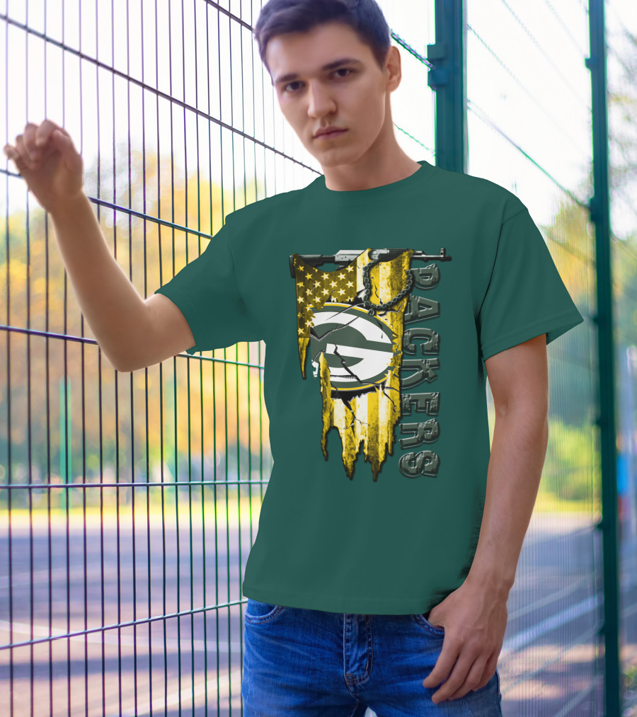 Green Bay Packers American Flag Cracked T-Shirt