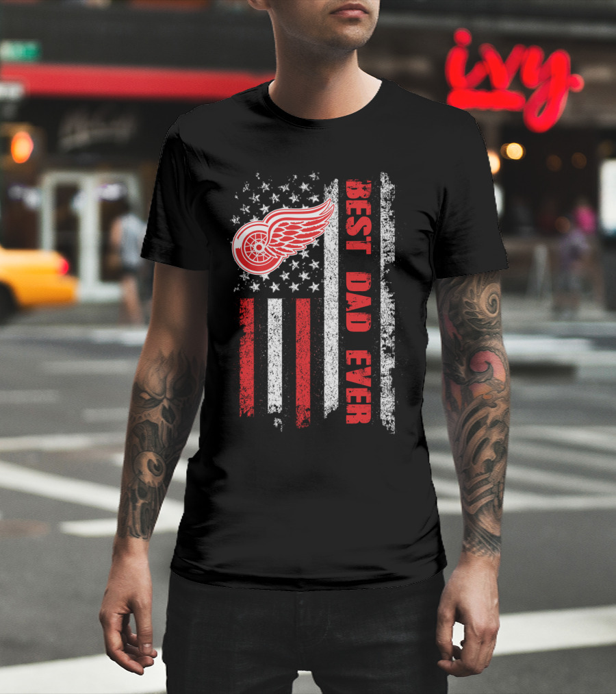Red Wings Best Dad Ever American Flag T-Shirt